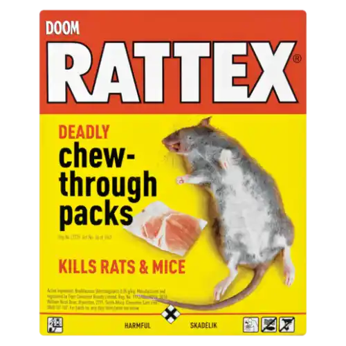 Doom Rattex Deadly Chew Through Packs Rat Poison 100g